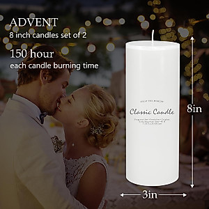2 Pack 3x8 Hand Poured White Dripless Pillar Candles, Soy Candles, Non-Toxic, Unscented, Smokeless, for Power Outages & Emergency