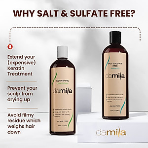 Damila Salt & Sulfate Free Shampoo & Conditioner for Keratin and Color Treated Hair - Professional Keratin Value Pack for Damaged, Frizzy, Curly, Dry & Thin Hair - Shampoo Sin Sal - 16.9 Fl Oz