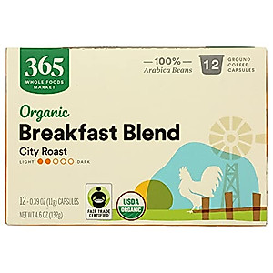 365 by Whole Foods Market, Coffee Breakfast Blend City Roast Pods Organic 12 Count, 4.6 Ounce (Packaging May Vary)