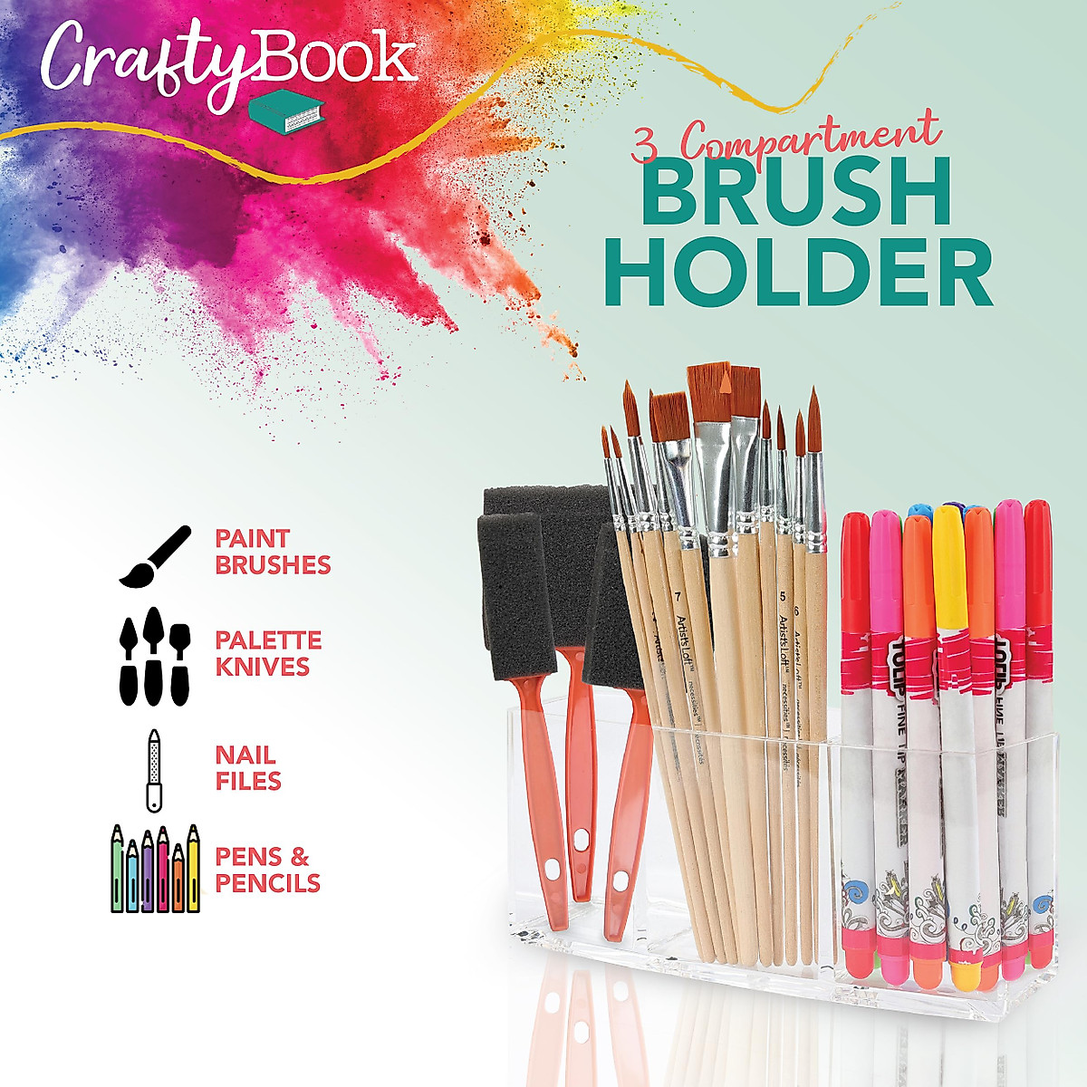 CraftyBook 5-Tiered Art Supply Storage Organizer with Paint Brush Holder - Clear Acrylic Tabletop Gel Polish Paint Storage Step Shelf - Acrylic Nail Polish Organizer Shelf for Hobby and Model Paint