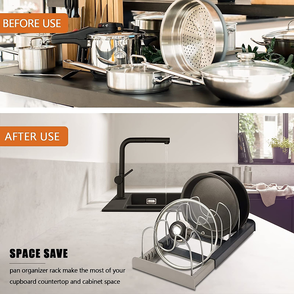 Expandable Pot Pan Lid Organizer Rack Holder with 7 Adjustable Dividers Stainless Steel Storage Rack Kitchen Organizer Holder Cabinet Countertop Pan Lid Holder with 2 Hooks