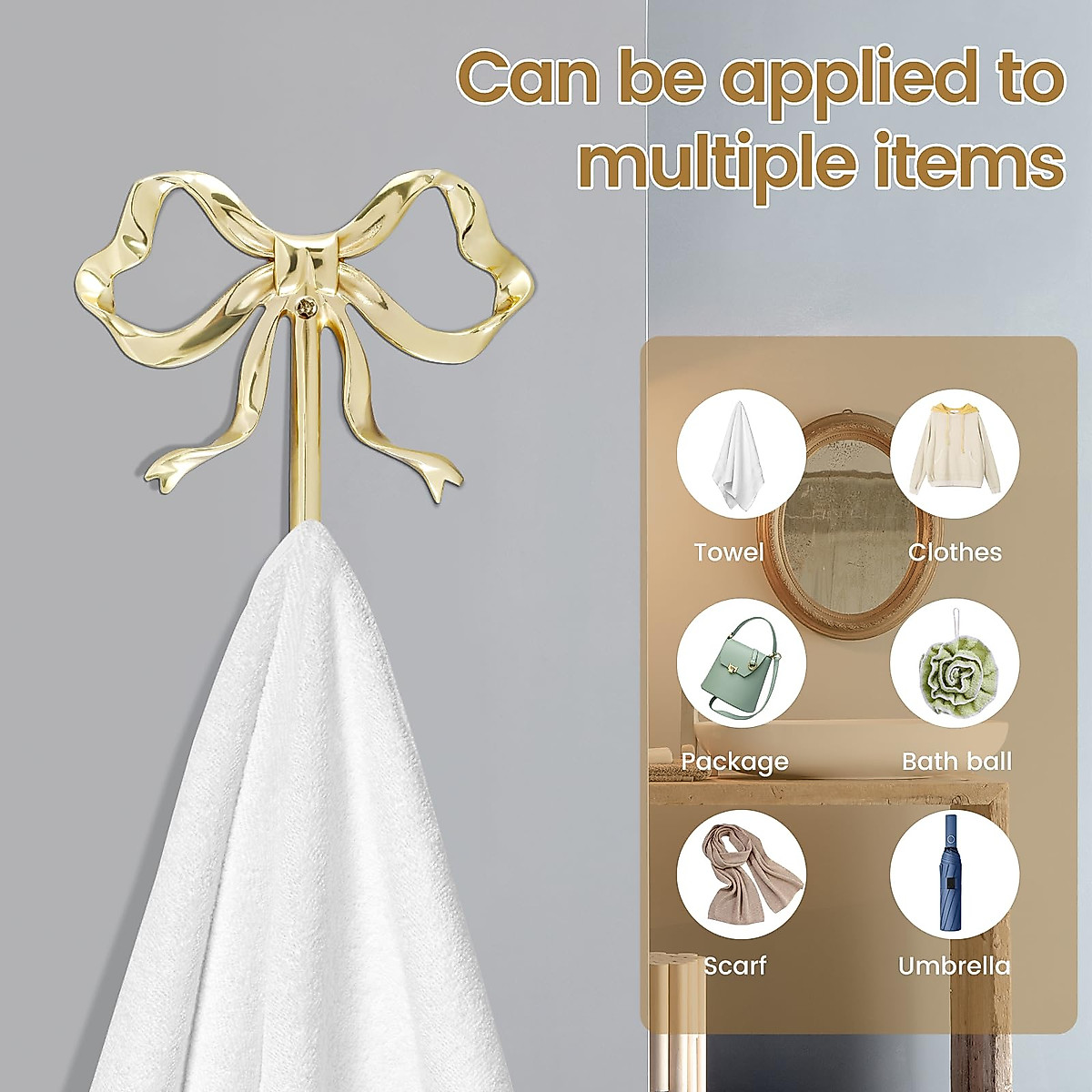 4Pcs Bow Hook Decorative Bow Hanger Sturdy Brass Towel Hook Gold Brass Bow Shaped Hooks Brass Wall Hook Wall Hanging Towel Hook Multipurpose Bow Shaped Hat Hooks for Bathroom Bedroom Hat Bag Key (S)