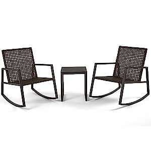 Eongdn 3 Pieces Outdoor Rocking Chairs Set, Wicker Bistro Set with 2 Rocking Chair, All Aluminum Side Table, for Lawn, Garden, Courtyard, Balcony, Brown Rattan Grey Frame