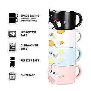 Jifoow Cat Mug Set of 4 Stackable Porcelain Cute Cat Coffee Mug Set Gifts for Cat Lovers,Funny Coffee Mugs with Cartoon Cat Designs 10 oz for Party, Christmas