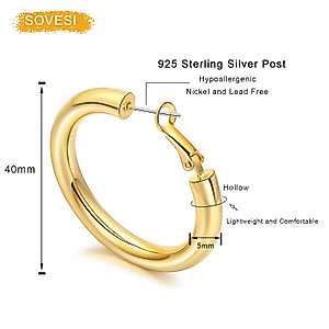sovesi Chunky Gold Hoop Earrings for Women with 925 Sterling Silver Post, 14K Gold Plated Thick Gold Hoops Earrings for Women 40mm