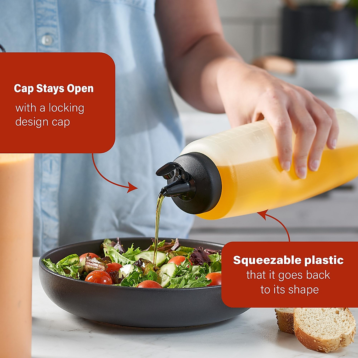 MIGHTY STRONG Condiment Squeeze Bottles for Sauces - 32 Oz Squirt Bottles for Liquids, Easy Pour Sauce Bottles with Leak Proof Snap Cap, Condiment Bottles, Plastic Squeeze Bottles (Classic, 4, Count)