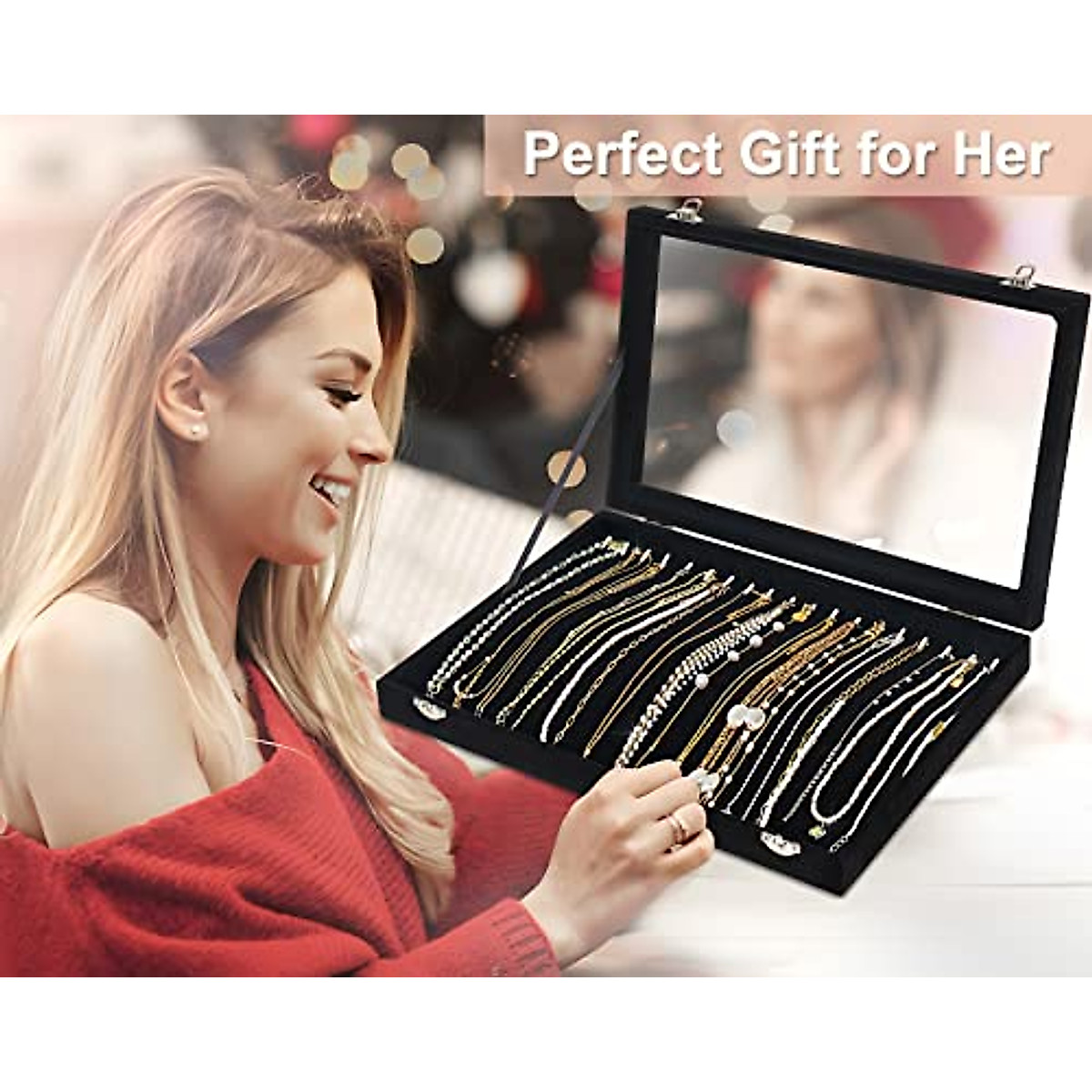 Necklace Organizer Box, Necklace Tray for Jewelry with Clear Lid, Dustproof Velvet Necklaces Holder Storage Display Case, 20 Hooks Glass Top Jewelry Tray Drawer Insert for Necklaces Pendant Bracelet