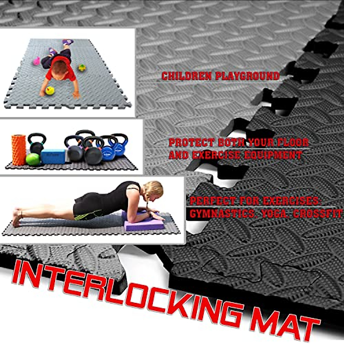 A2ZCARE Puzzle Exercise Mat with EVA Foam Interlocking Tiles - Interlocking Floor Mats for Gym Equipment - Ideal for Home Gym, Aerobic, Yoga and Pilates (Black and Gray (12pcs with Border Tiles))