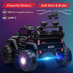 Nasitip 2 Seats Battery Powered Electric Truck with Remote Control, 24V Kids Ride on Toy with 20” Extra Width Seat, LED Headlights, Front Storage, FM, Bluetooth, USB,Black (BDM0935-BlackforVC)