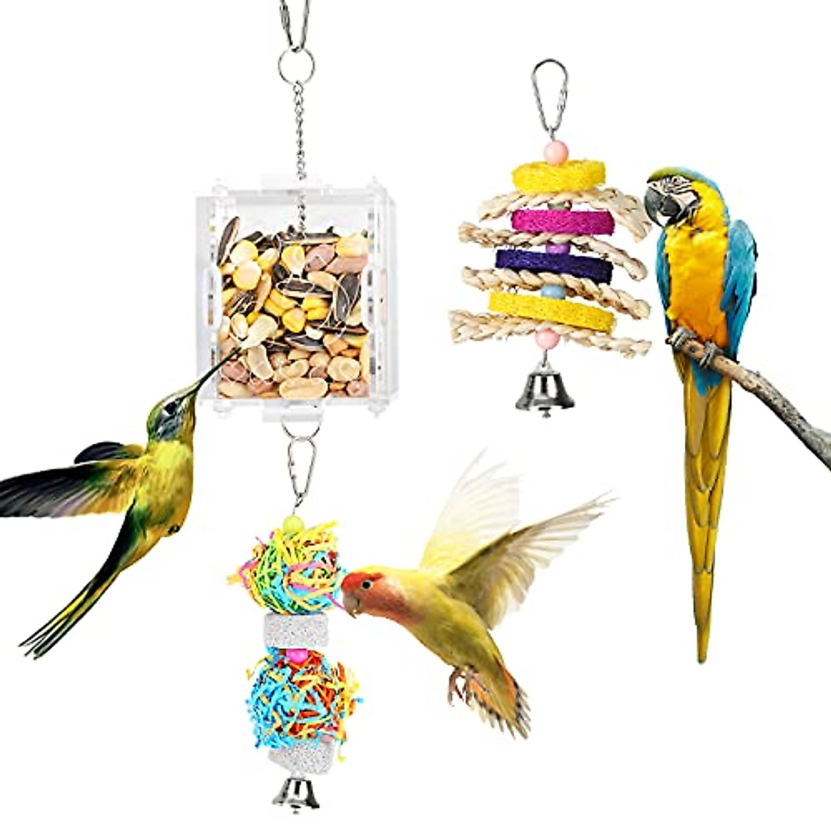 Lewondr Parrot Bird Toys Feeder Chewing Toy, Creative Parrot Shredder Entertaining Toy, Hanging Foraging Box, Transparent View Acrylic Bird Treat Feeder for Cockatiel, Budgie, Parakeet, Anchovies