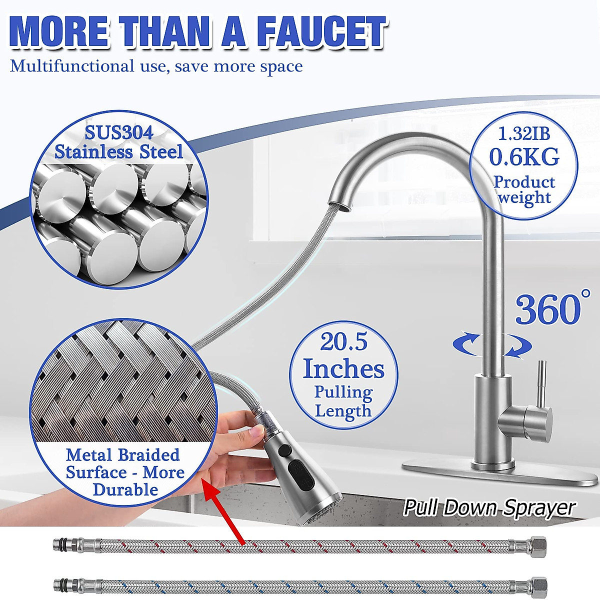Stainless Steel 304 Kitchen Sink Faucet with Pull Down Spray Outdoor RV Kitchen Faucet Pull Out Extension Utility Farmhouse Faucets for Sink 1 Hole,Single Handle Rent Apartment Dorm Kitchen Faucet