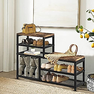 Shoe Rack Bench Shoe Storage Organizer with Seat, 5-Tier Industrial Free Standing Shoe Rack for Entryway, Narrow Shoe Rack Organizer Shelves for High Heels, Entryways, Hallways, Closets,Brown