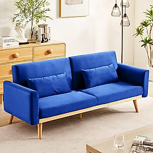 Lamerge Velvet Sleeper Couch with Pillows & Wooden Frame, Upholstered Modern Folding Futon Sofa Bed, Lounge Memory Foam Convertible Loveseat for Studio, APT, Dorm, Home Office (Blue)