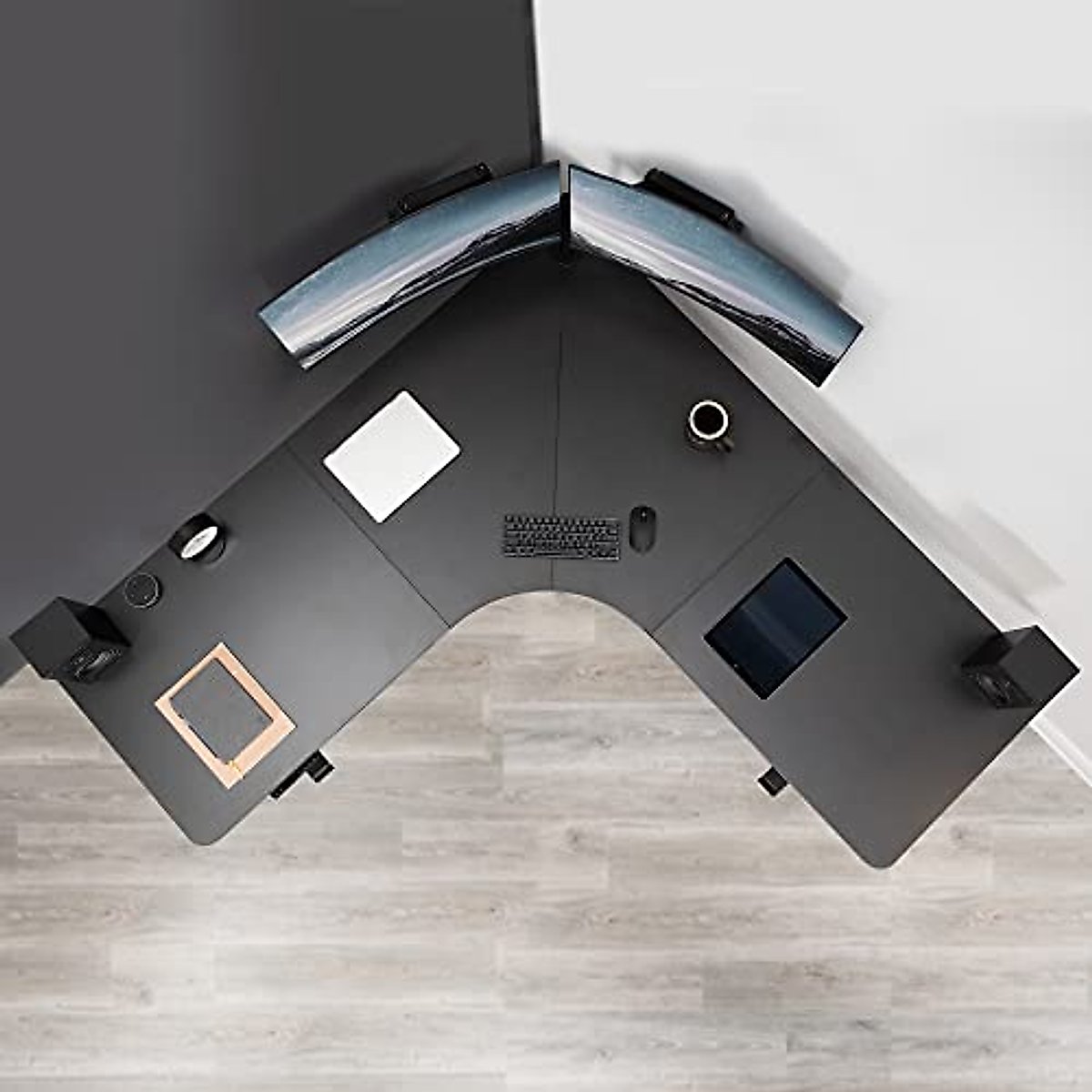 VIVO Electric Height Adjustable 71 x 71 inch Curved Corner Stand Up Desk, Black 4 Section Table Top, Black Frame with Memory Controller, L-Shaped Standing Workstation, DESK-KIT-E3CB2