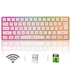 MageGee TS92 Wireless 60% Gaming Keyboard, Compact 61 Keys Rechargeable RGB Backlit Office Keyboard, 2.4G Wireless Connection, Pink Waterproof Portable Computer Keyboard for Mac Windows Laptop