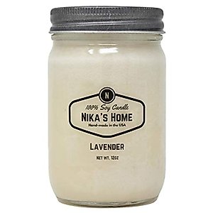 Nika's Home Lavender Soy Candle 12oz Mason Jar Non-Toxic White Soy Candle Handmade, Long Burning 50-60 Hours Highly Scented All Natural, Clean Burning Large Candle Gift Décor