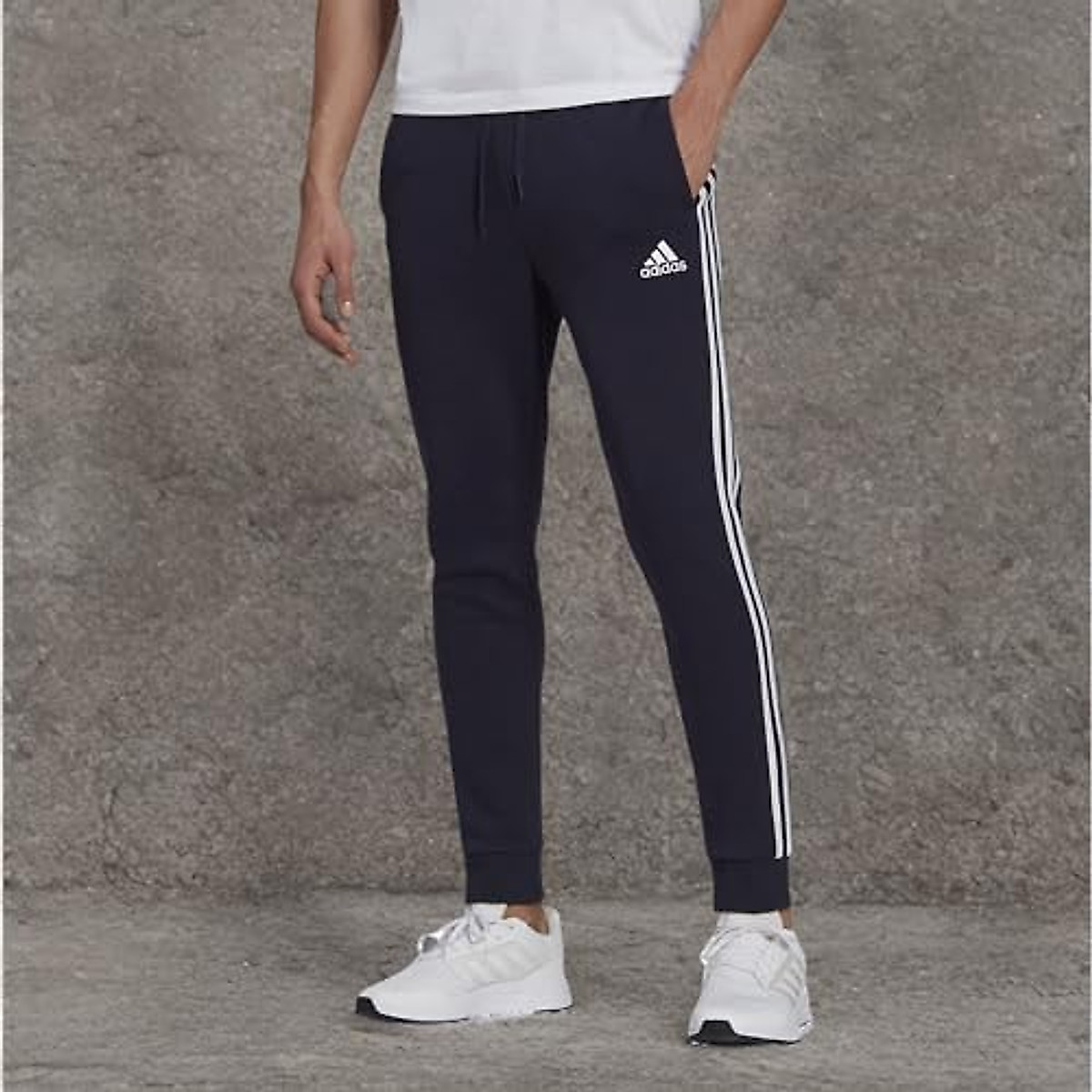 adidas Men's Standard Essentials Fleece Tapered Cuff 3-Stripes Pants, Legend Ink/White, X-Large
