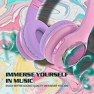 Wireless Bluetooth Headphones for Kids, LED Light Up Over Cat Ear Headphones, Volume Control Comfort Foldable Wireless Headset with Microphone for PC/TV/iPad, Gift for Kids Boys & Girls（Pink&Purple）