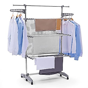 Clothes Drying Rack, 3-Tier Folding Rolling Laundry Drying Rack with Extendable Hanging Rods, Adjustable Wings, Rolling Wheels, Multifunctional Stainless Steel Garment Drying Racks for Indoor Outdoor