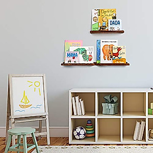 TJ.MOREE Picture Ledge Shelf Wall Mounted, Rustic Wood Photo Ledge Floating Shelves Set of 3, Floating Bookshelf Decor Vinyl Display for Living Room, Bedroom, Bathroom, Nursery - Carbonized Brown