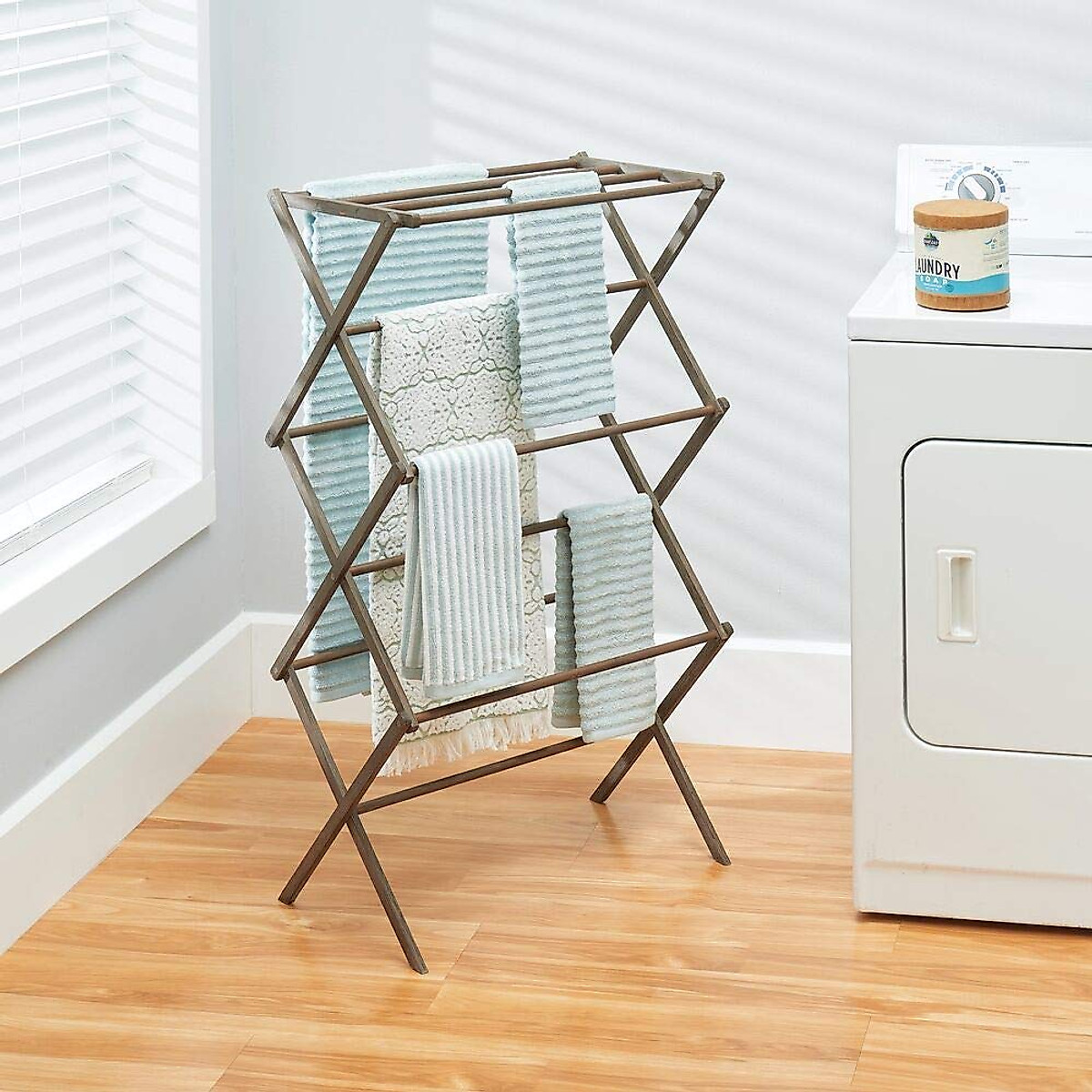 mDesign Bamboo Clothes Drying Rack - Collapsible, Foldable Wooden Laundry Drying Rack - Compact and Portable Indoor or Outdoor Air Dry Rack for Clothes and Delicates - Echo Collection - Gray