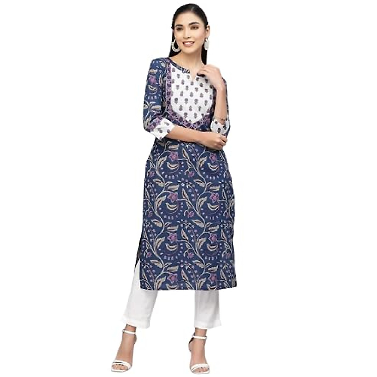 Indian Women's Girls Tunic Tops Crepe Floral Print Straight Kurti Kurta (as1, alpha, x_l, regular, regular) Blue
