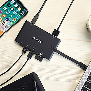 PNY 9 in 1 Mini Portable USB-C Power Hub with Integrated USB-C Cable for USB-C Compatible Devices with 2xUSB-C Ports, 2xUSB-A 3.1 Ports, 1xHDMI Port, 1xVGA Port, SD/microSD Slots, PNY Mini USB-C Hub