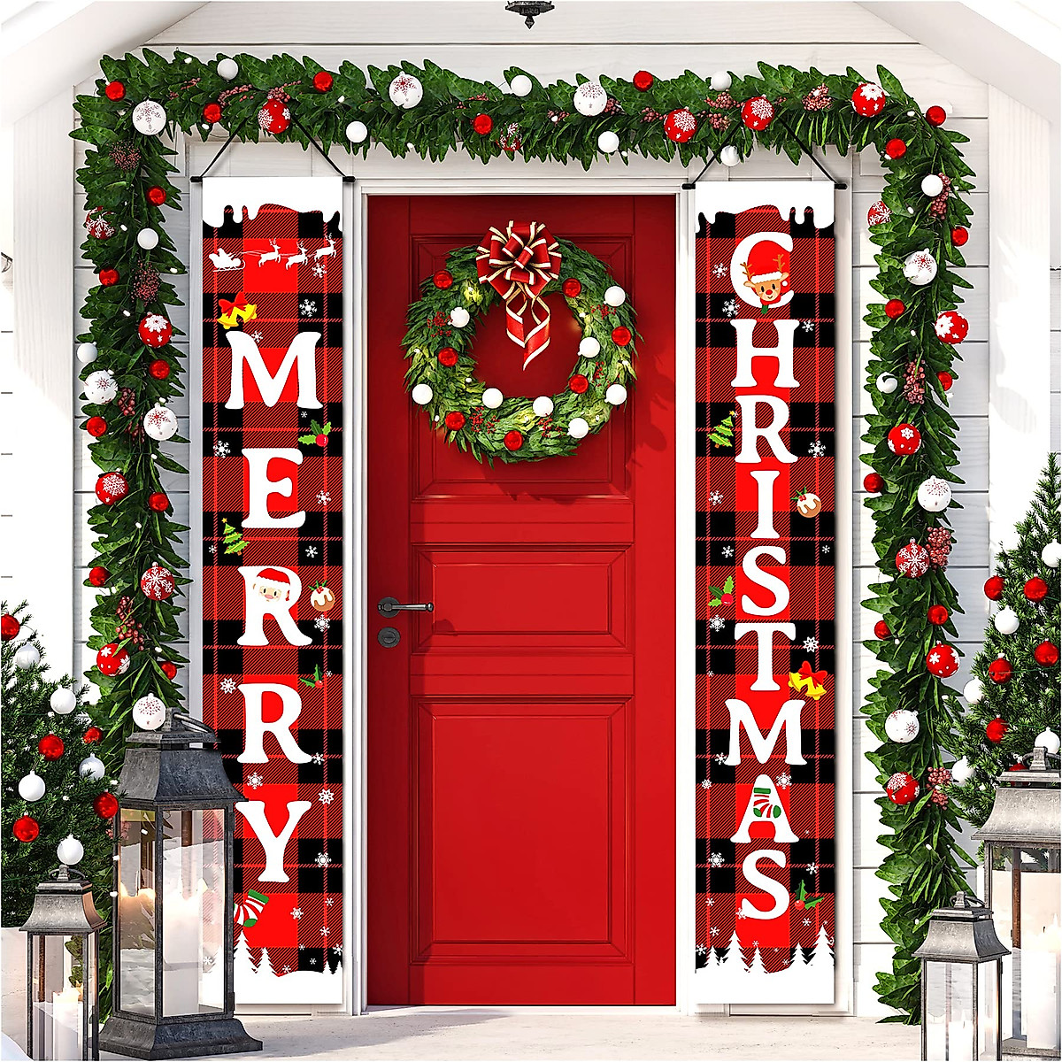 Merry Christmas Door Banner, Plaid Christmas Porch Sign, Outside Xmas Front Door Decorations Outdoor