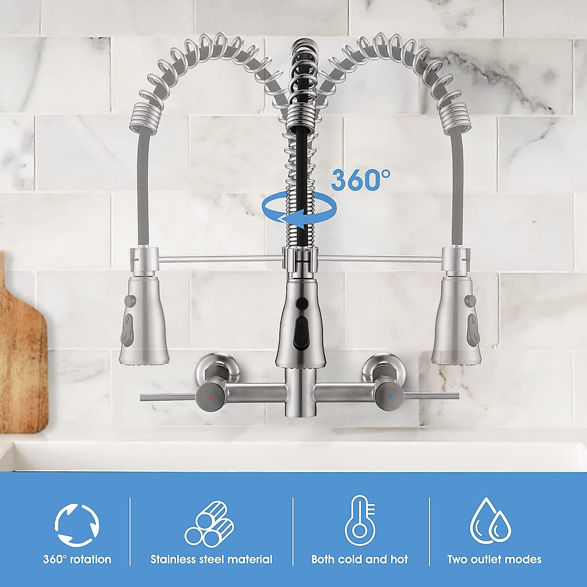 Dornberg Wall Mount Kitchen Faucet with Sprayer, 8 Inch Center Commercial Kitchen Sink Faucet, Spot-Free Stainless Steel, 2 Handle for Easy Controlled Cold and Hot Water - Brushed Nickel