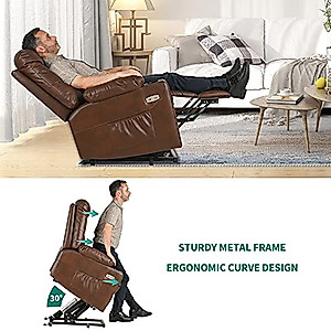 YITAHOME Electric Power Lift Recliner Chair for Elderly, Leather Recliner Chair with Massage and Heat, Spacious Seat, USB Ports, Cup Holders, Side Pockets, Remote Control (Brown)
