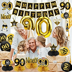 Turypaty 36Pcs 90th Birthday Decorations Kit for Men Women, Black Gold Happy 90 Birthday Banner Balloons Honeycomb Centerpiece Hanging Swirl Party Supplies, Ninety Year Old Bday Table Topper Decor
