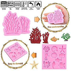 LKDQUTHM Marine Theme Fondant Cake Mold Coral Seashell Conch Fish Seahorse Starfish Octopus Silicone Molds For Cake Decorating Cupcake Topper Candy Chocolate Gum Paste Polymer Clay Set Of 6