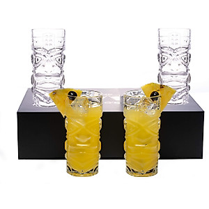Clear Tiki Glasses, Set of 4 - 450 ML - Perfect for Exotic Cocktails, Lemonade, Ice Tea, Mixed Drinks- Exotic Zombie, Rum, Mai Tai, Pina Colada, Punch, Hurricane, Bar Drinkware