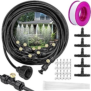 Petutu Misting Cooling System 65.6ft(20M) Misting Line + 25 Brass Mist Nozzles + a Faucet Connector (3/4") Fan Misting Kit Outdoor Mister for Patio Garden Greenhouse Trampoline for waterpark