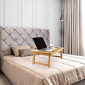 Diosbles Lap Desk, Bamboo Laptop Desk for Bed and Sofa, Height Adjustable Bed Desk, Foldable Breakfast Serving Bed Tray, Laptop Tray with Drawer