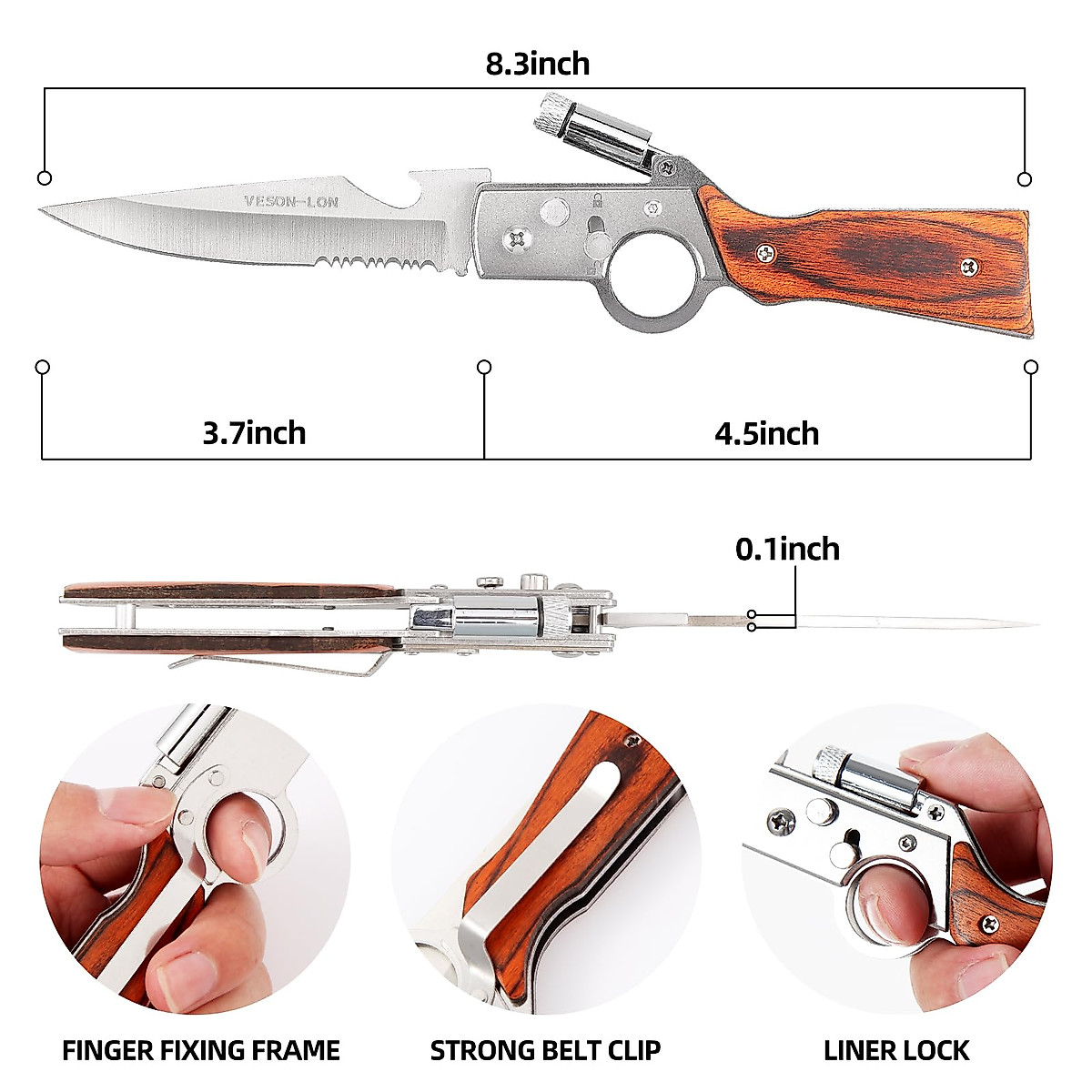 VESON-LON New Pocket Knife, AK 47 Folding Knife for Camping Hiking Tactical Knife and EDC, LED Light, Husband Birthday Present, With Flashlight for Men Women (Primary)