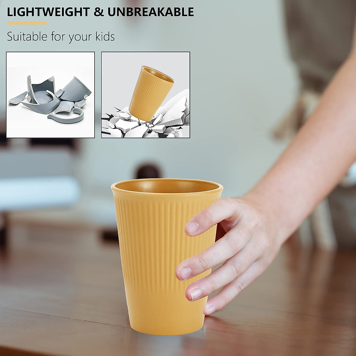 PYRMONT Wheat Straw Cups-8 Pack Plastic Cups Reusable,12 oz Unbreakable Kid Cups,Tumbler Cups for Kitchen,Drinking Cups, Small Water Cups,Plastic Cups Dishwasher Safe & BPA Free