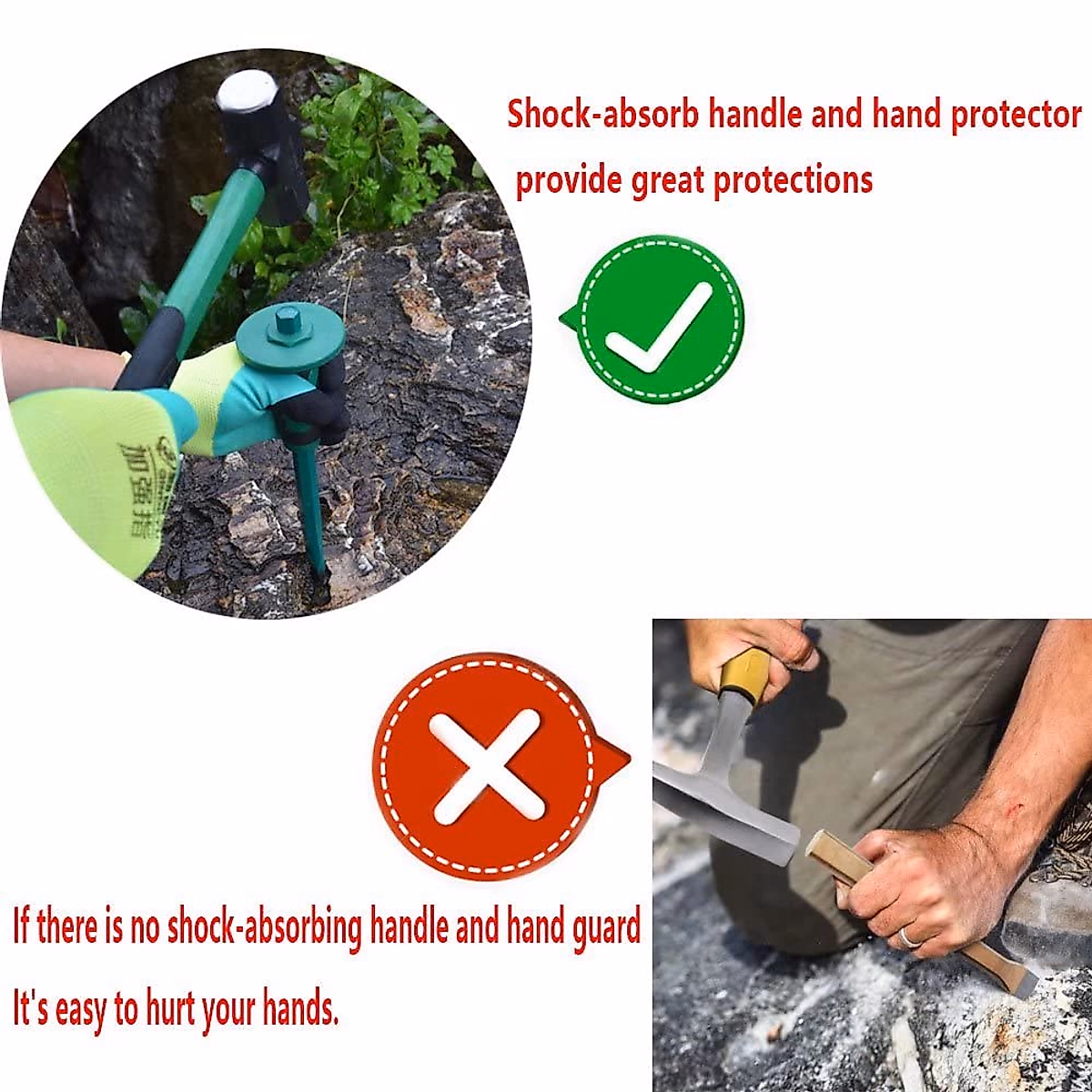 Heavy Duty Mason Chisel with Hand Guard, Flat End Chisels,Demolishing/Masonry/Carving/Concrete Breaker Chisels with Bi-Material Hand Guard+ A pair of gloves Green-2