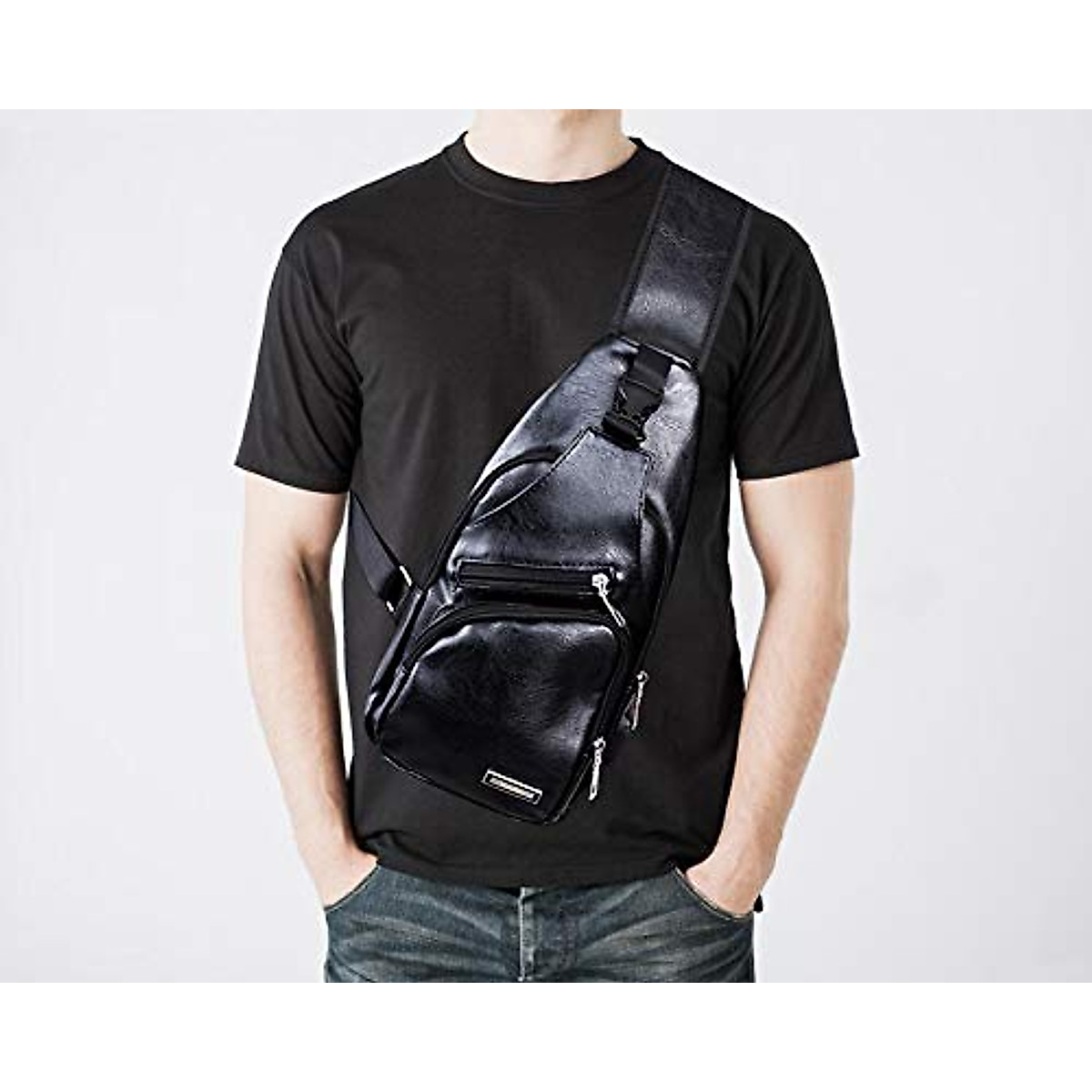 Vintage Men's Leather Sling Bag,Chest Shoulder Backpack, Water waterproof Crossbody Bag with USB Charging Port -Black