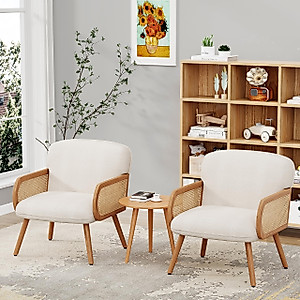 Andeworld Accent Chair with Rattan Arms,Upholstered Mid Century Modern Living Room Armchair, Side Club chair with Burlap Linen Fabric for Living Room Bedroom Balcony, Beige