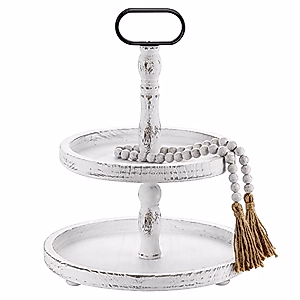 Luxspire 2 Tiered Tray, Farmhouse Wood Tier Tray Round Serving Tray with Wood Bead Garland, Vintage Decorative Tray Countertop Organizer Patio Spring Easter Decor, White