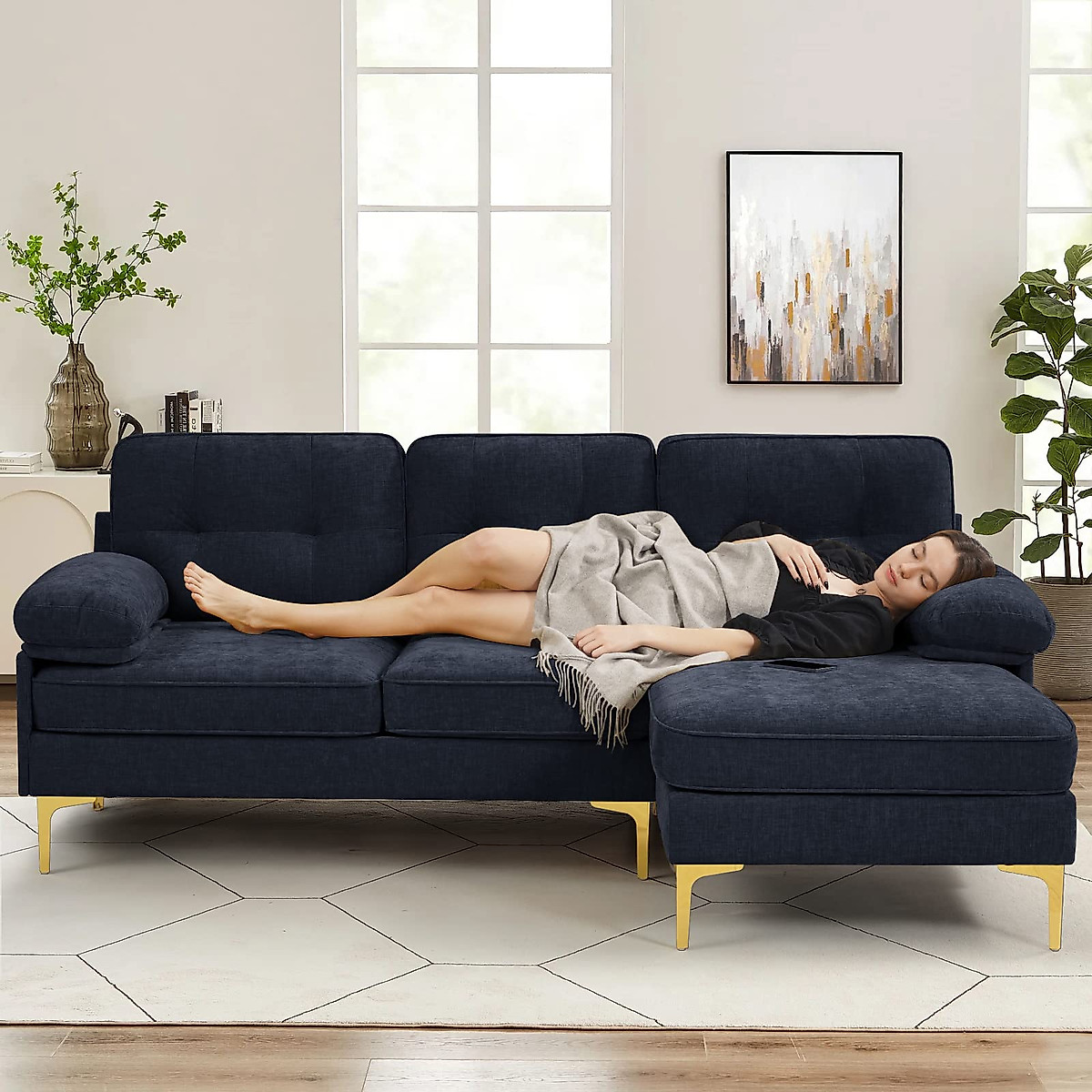 EASELAND 82" L-Shape Sofa with Reversible Chaise Lounge, Convertible Sectional Sofa Couch, Chenille Modern Sofa Couch for Living Room, Apartment and Office, Removable Cover (Dark Blue)