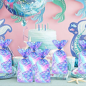 Mikzhskr 30 Pcs Mermaid Party Favors Bags Mermaid Party Decorations Cookie Goodie Candy Gift Bags Little Mermaid Cellophane Treat Bags with 30 Pcs Gold Twist Ties for Mermaid Birthday Party Supplies