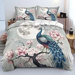 CCoutueChen Blue Peacock Duvet Cover Set King Size Orchid Floral Comforter Bedding Set Elegant Botanical Flower Duvet Covers for Girls Women Adults Animal Feathers Duvet Cover with 2 Pillowcases