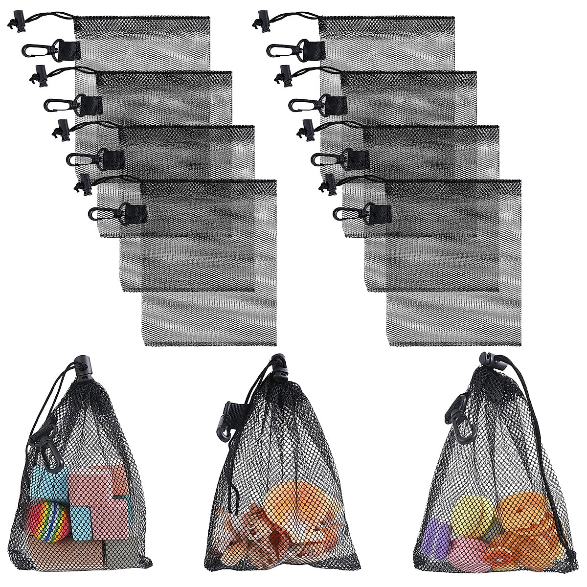 8 Pcs Drawstring Mesh Bags Black Nylon Mesh Laundry Bag with Clips Portable Storage Bags for Collecting Golf Balls Toys Small Things (6 x 8 inch)