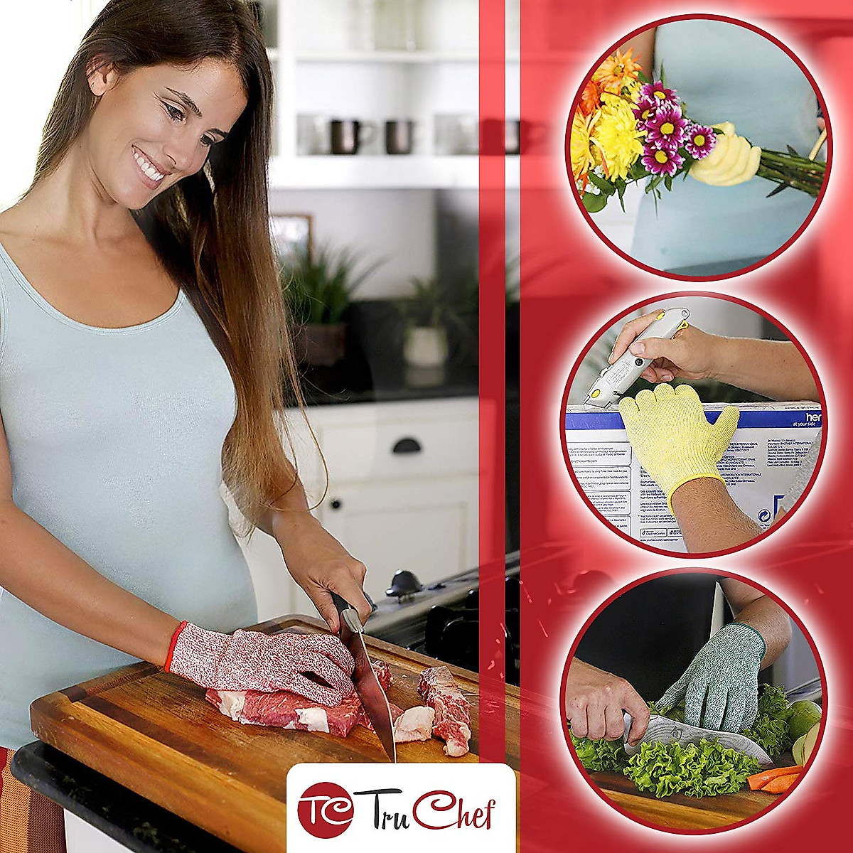 TruChef Cut Resistant Gloves - 3 Pack, Food Grade, Fits both hands, Level 5 Protection, Medium