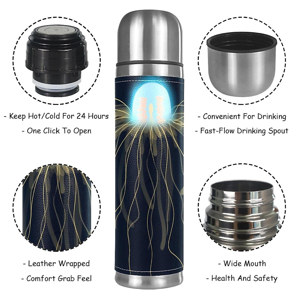 Stainless Steel Leather Vacuum Insulated Mug Jellyfish Thermos Water Bottle for Hot and Cold Drinks Kids Adults 16 Oz