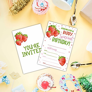 AWSICE Strawberry Theme Birthday Invitations, Fruits Double-Sided Fill-In Invite Cards For Kids, 20 Invitations With Envelopes, Decorations, Party Favor And Supply
