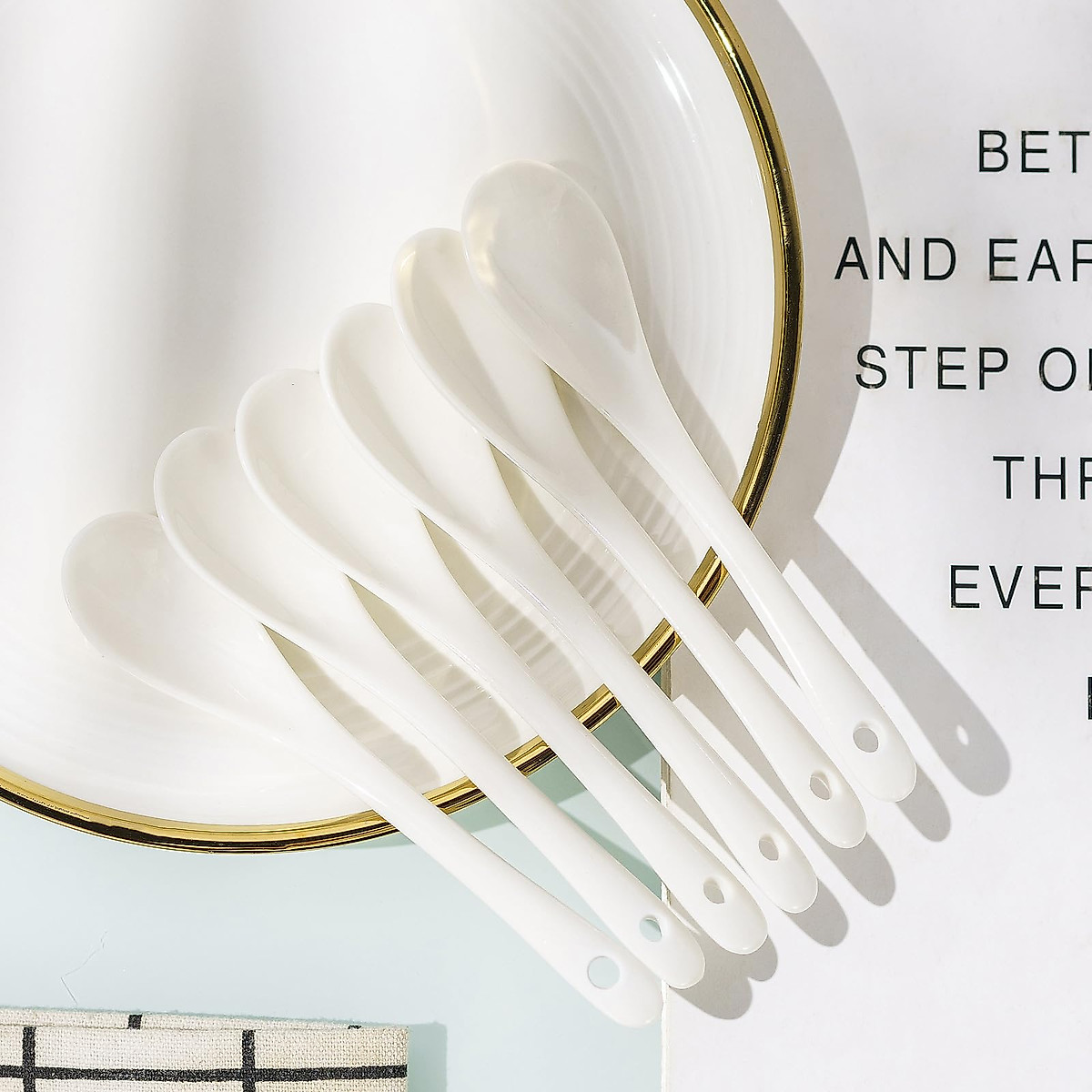 Mosuji Set of 6 Premium White Porcelain Coffee Spoons for Espresso, Tea, Sauces, and Desserts