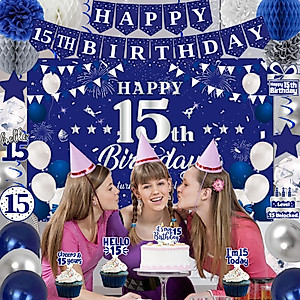 15th Birthday Decorations for Boys Girls, Blue Silver Happy 15th Birthday Party Decorations, Happy 15th Birthday Backdrop, Banner, Balloons, Hanging Swirls, Birthday Cards, Cake Toppers, Pompoms 54pcs